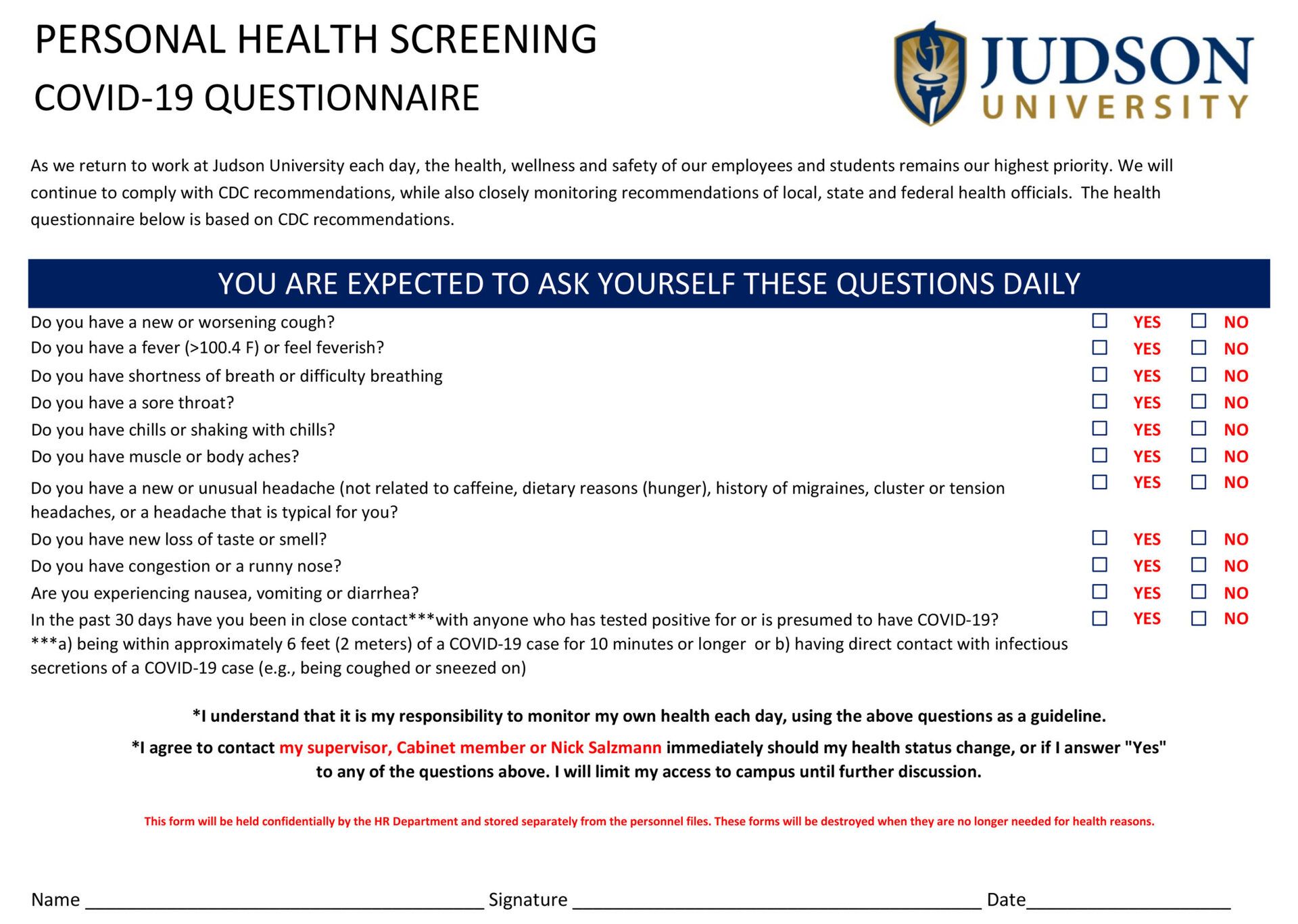 New Safety Process for Employees – Campus News | Judson University